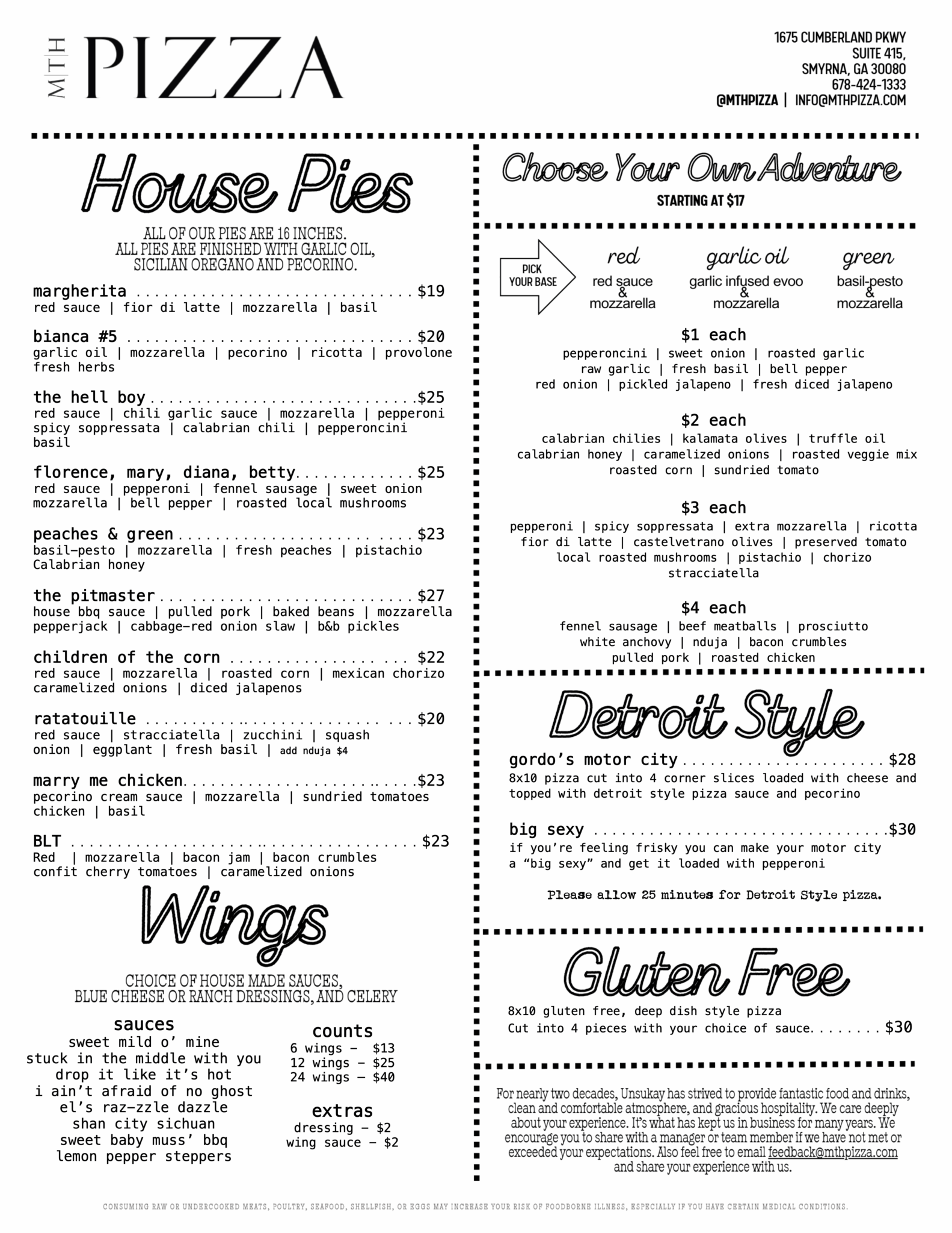 Full Food Menu | MTH Pizza