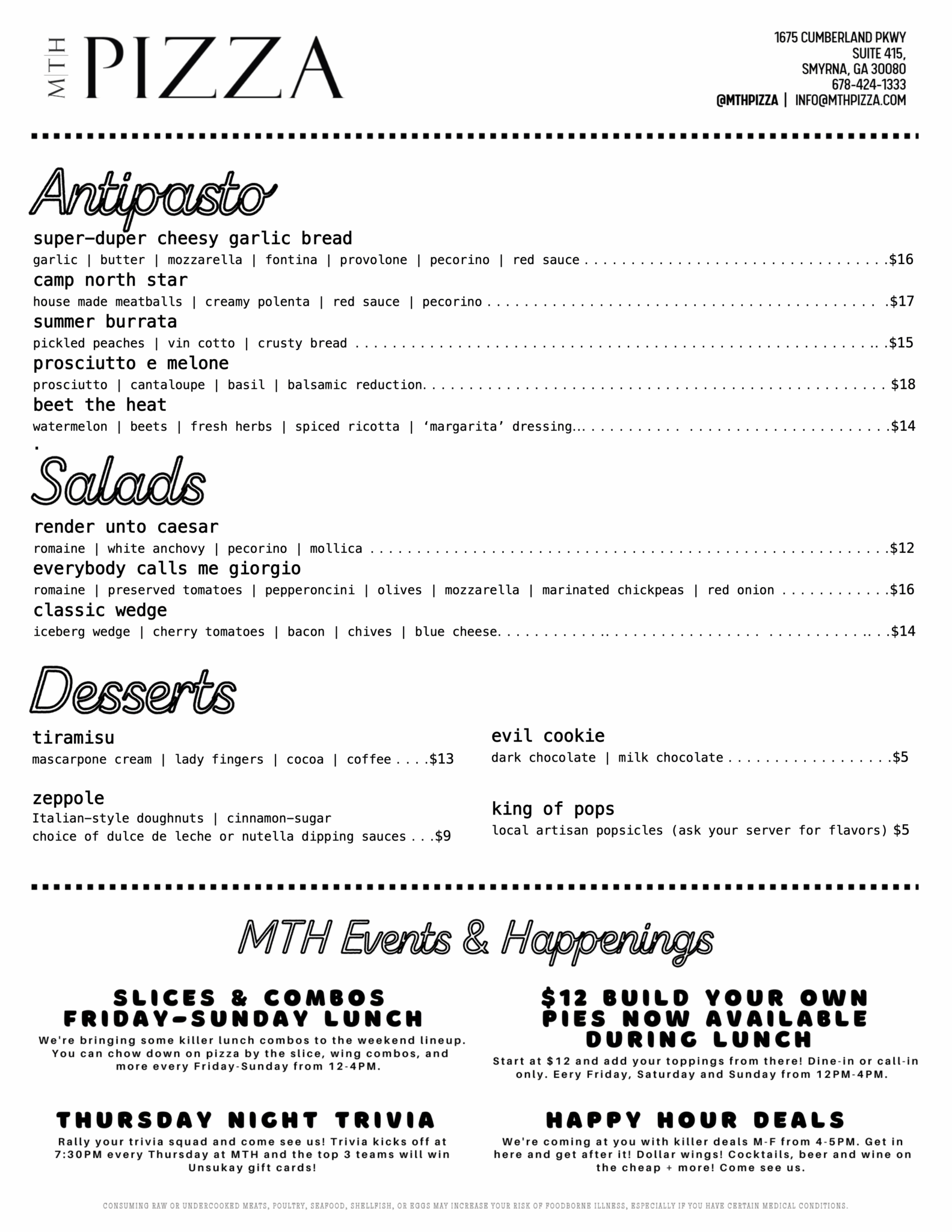 Full Food Menu | MTH Pizza